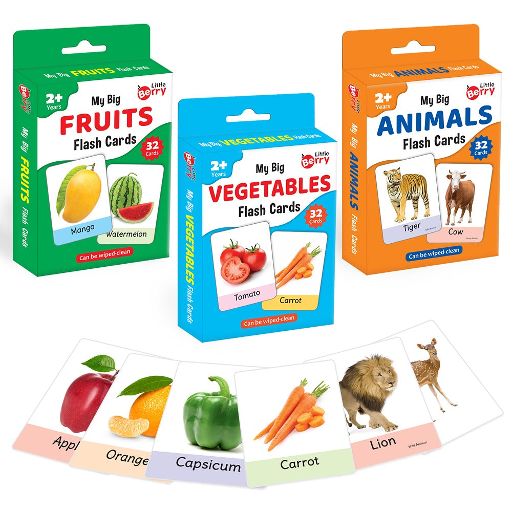 Buy Set of 3 Big Flash Cards - Fruits, Vegetables and Animals (2-6 ...
