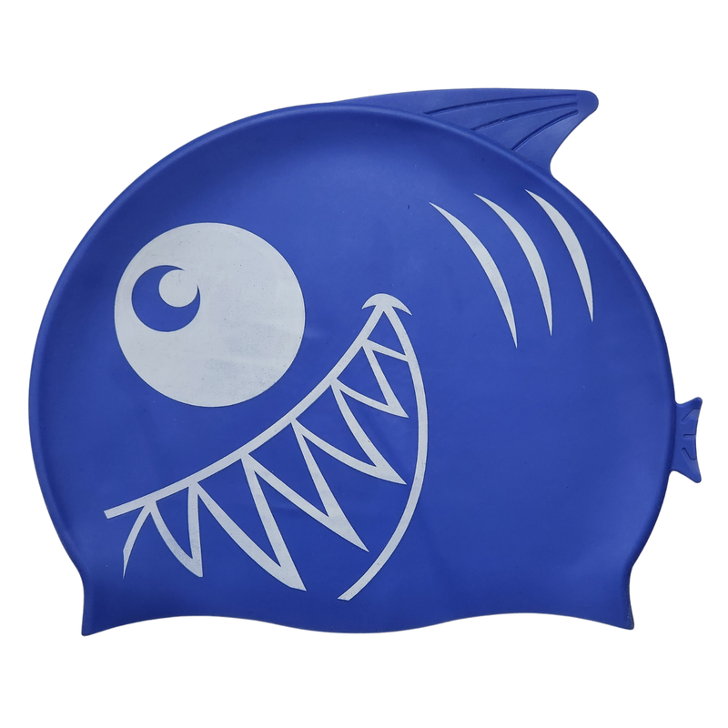 Fish Design Silicone Swimming Cap for Kids | Open Jaw Dark Blue White ...