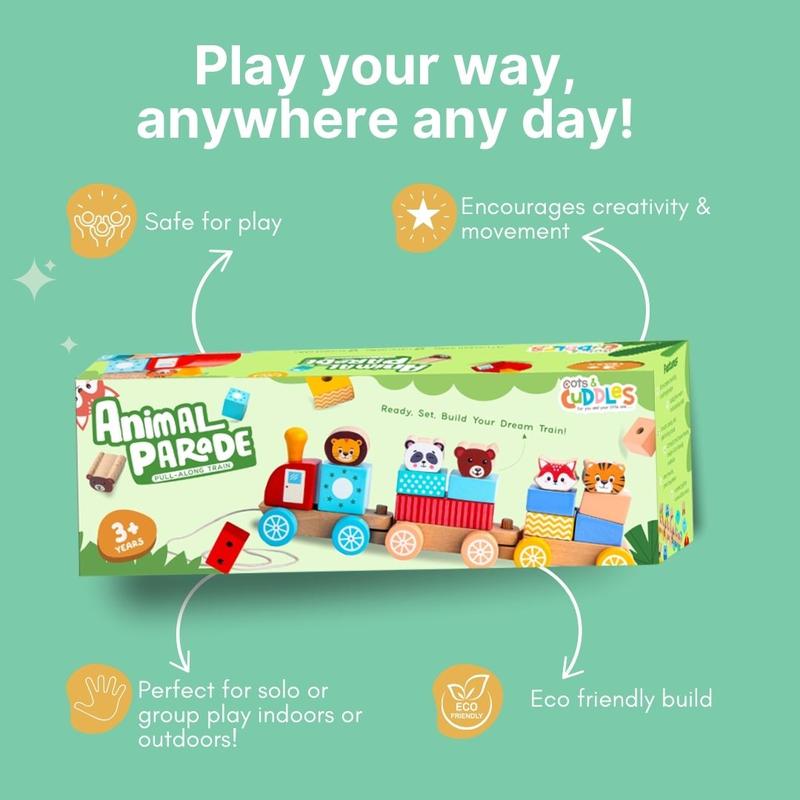 Buy Wooden Animal Train Pull Along Toy - Stackable Blocks & Rolling ...