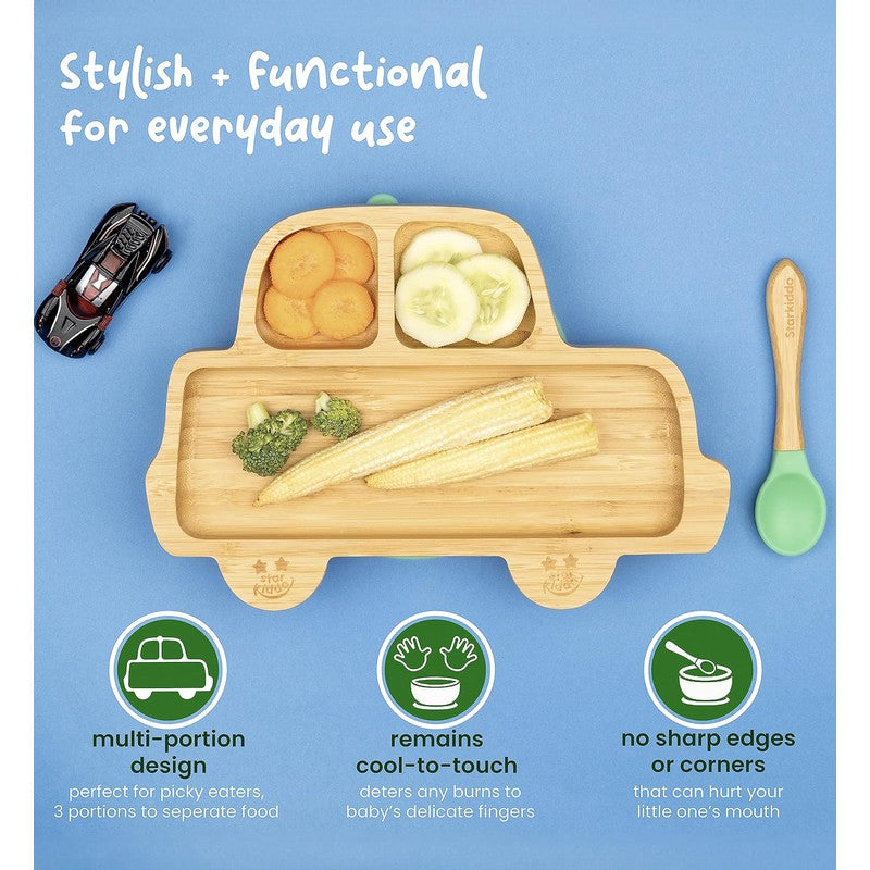 Bamboo Rider Plate for Kids and Baby-Led Weaning | 3 Sections | Green ...